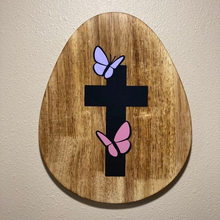 Egg Shaped Wood Easter Sign with cross – Happy Craft Designs